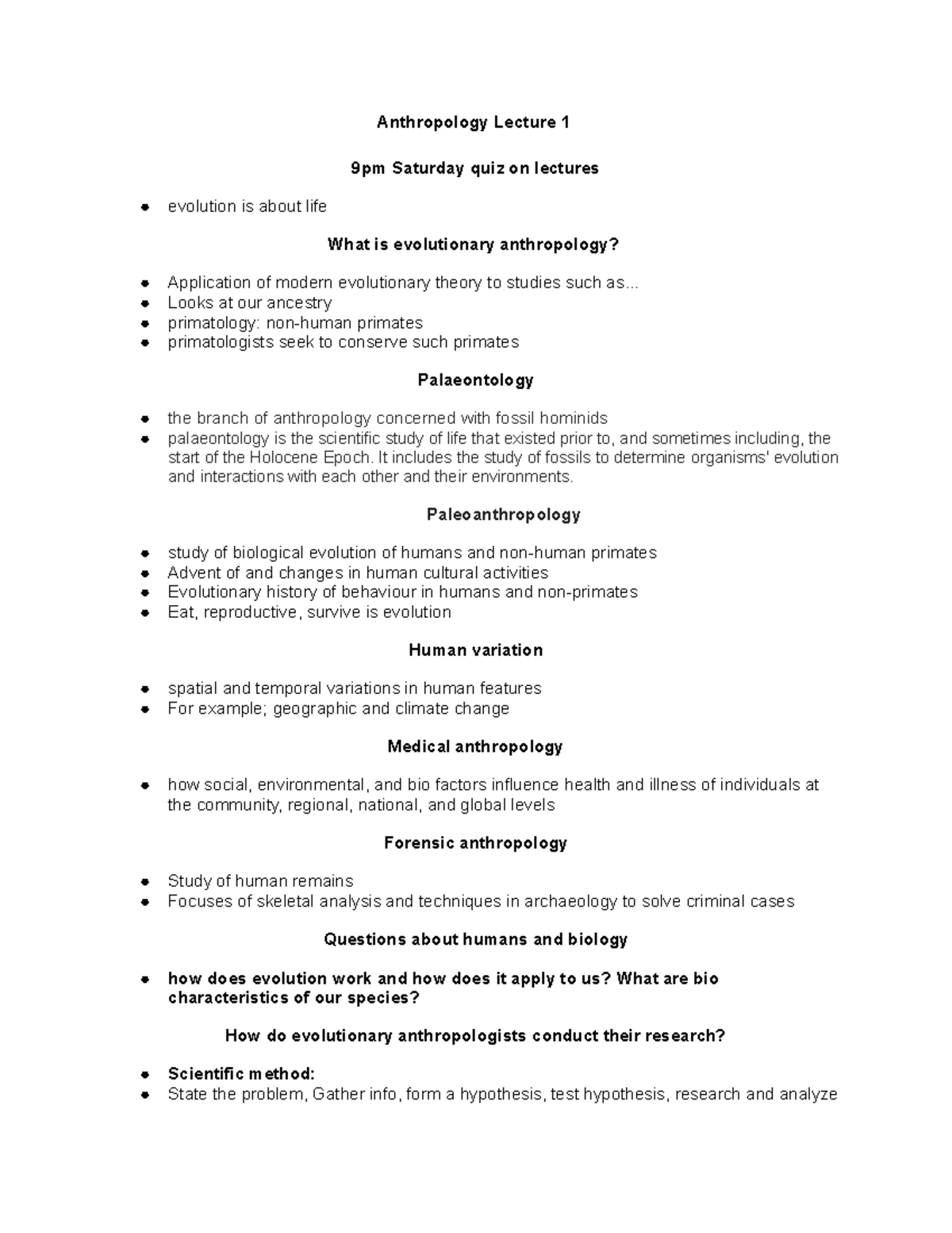 ANT100Y1 lecture notes - Anthropology Lecture 1 9pm Saturday quiz on ...