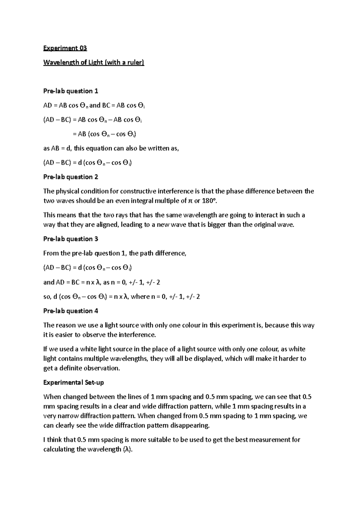 Practical 03 Lab Report - Experiment 03 Wavelength of Light (with a ...