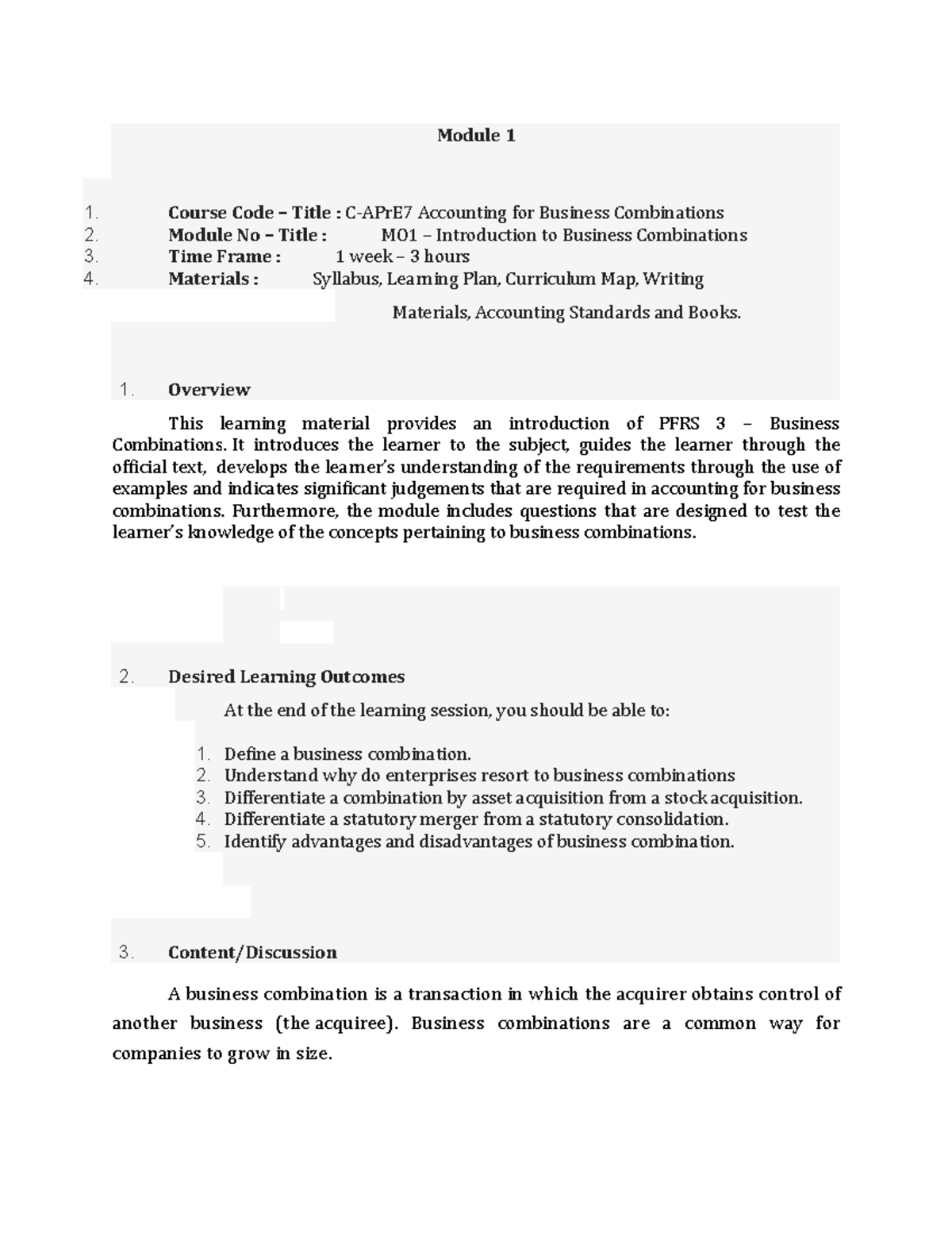 Business combination - Module 1 Course Code – Title : C-APrE7 Accounting for Business ...