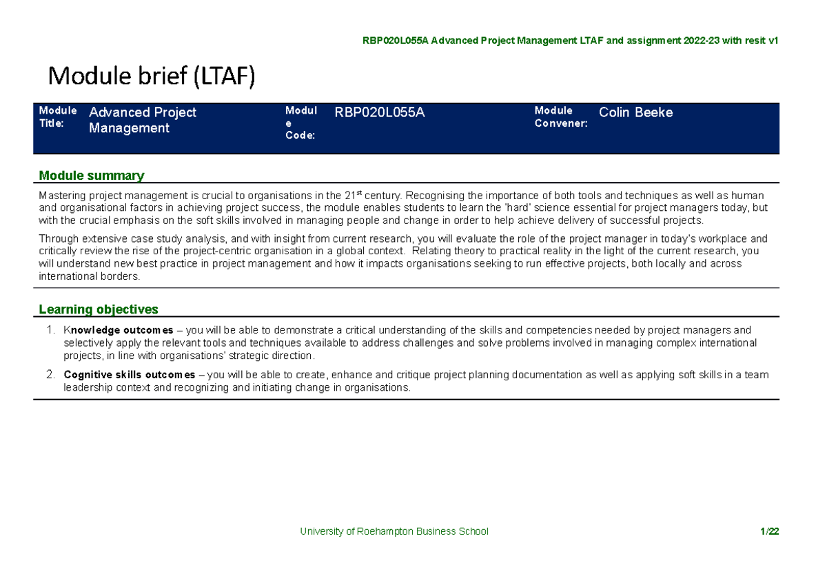 1612 RBP020L055A Advanced Project Management LTAF - Module brief (LTAF ...