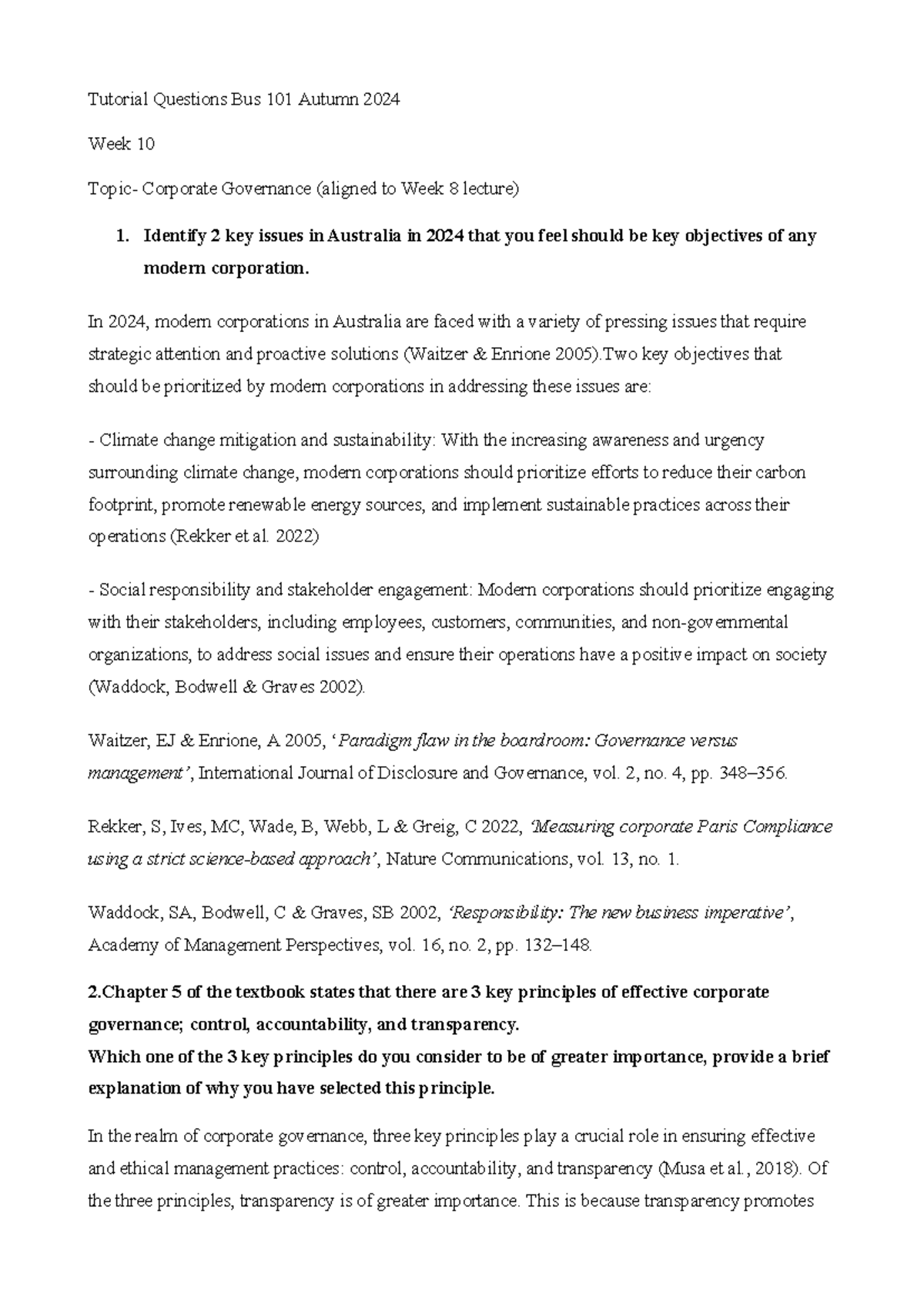 Week 10 tutorial question - Tutorial Questions Bus 101 Autumn 2024 Week ...