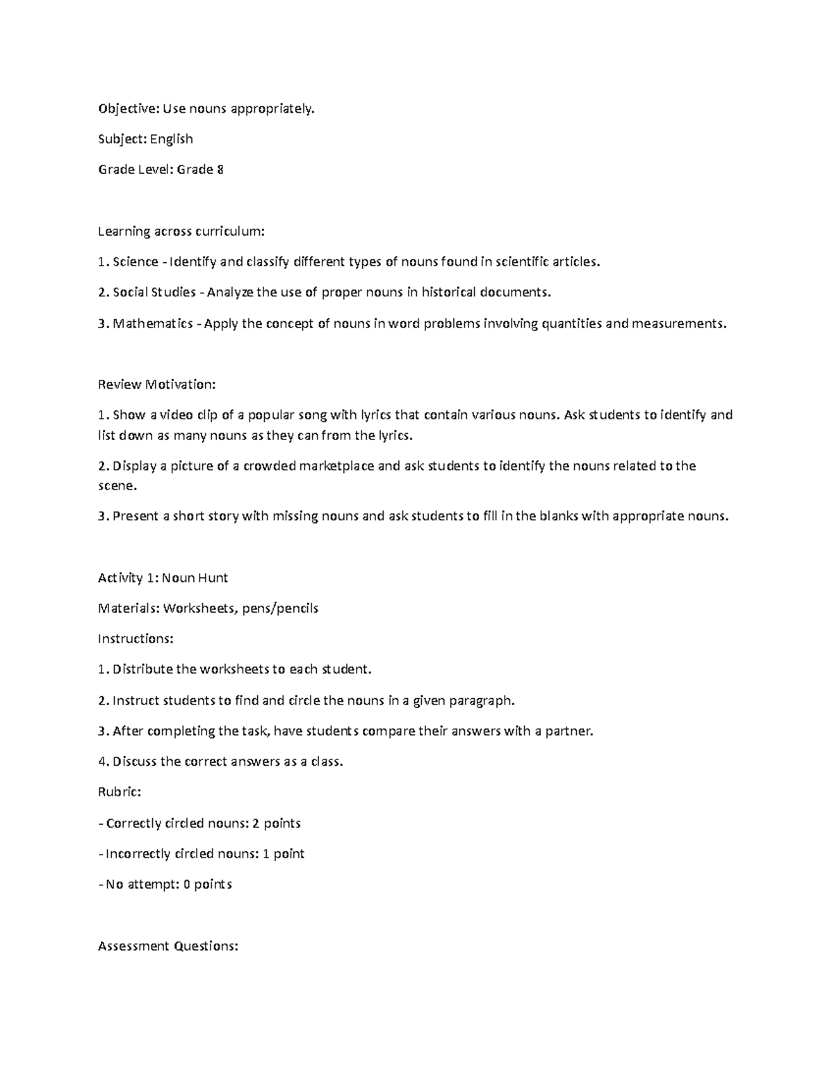 NOUN Lesson PLAN 2 - Objective: Use nouns appropriately. Subject ...