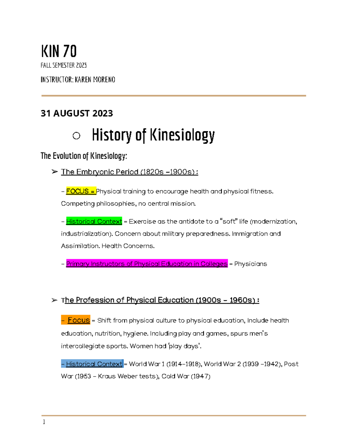 KIN 70 8-29-23 - Kinesiology notes - KIN 70 FALL SEMTER 2023 INSTRUCTOR ...