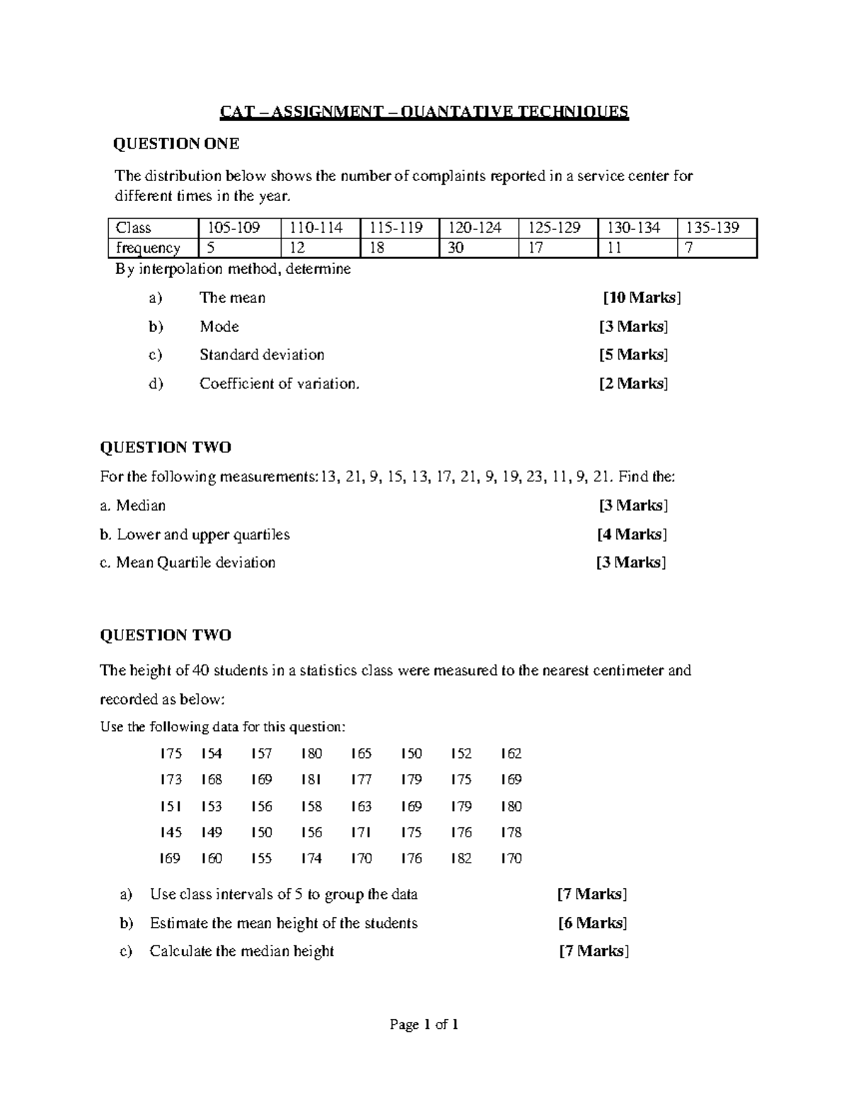 QT Assignment - Page 1 of 1 CAT – ASSIGNMENT – QUANTATIVE TECHNIQUES QUESTION ONE The ...