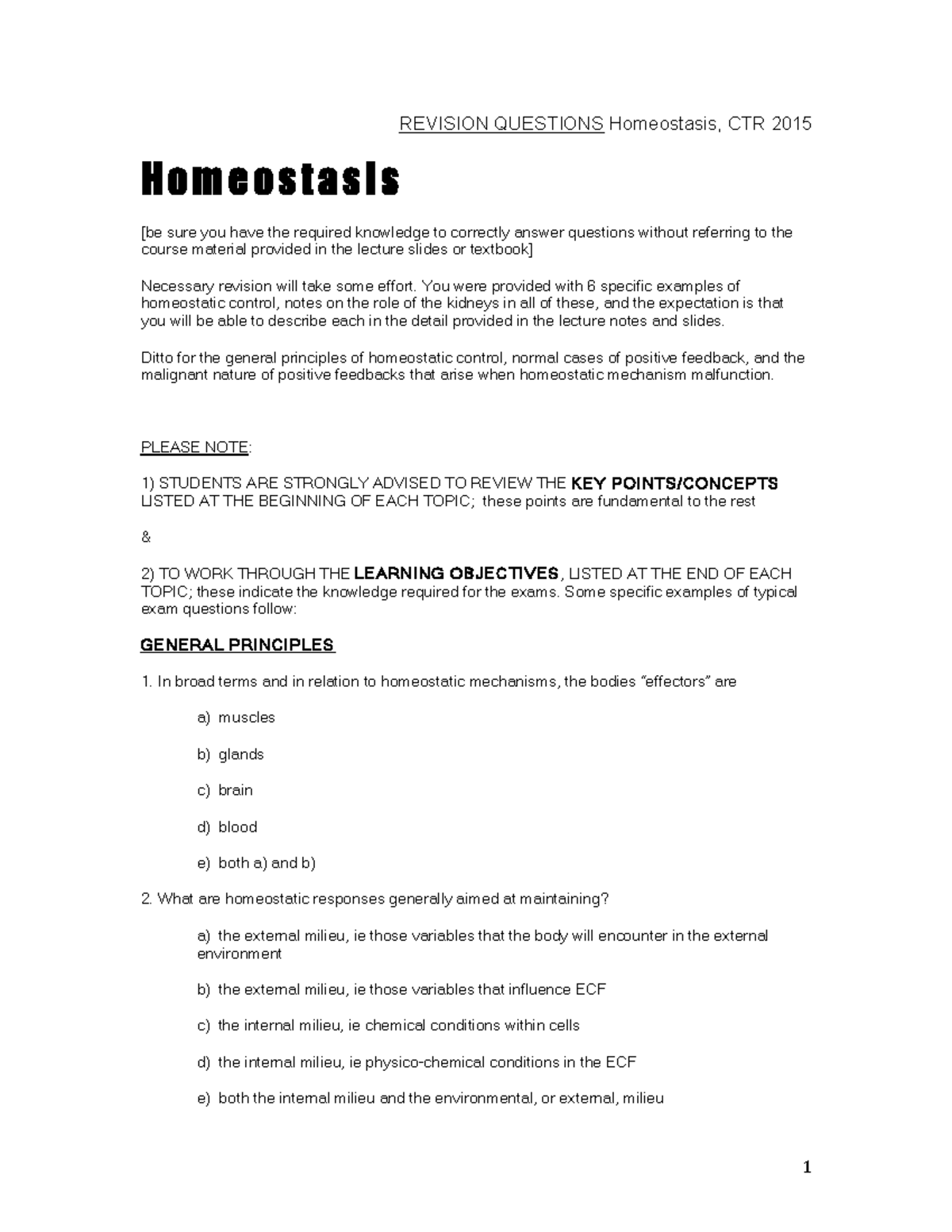 Revision qs Homeost wk 10 onwards - REVISION QUESTIONS Homeostasis, CTR ...