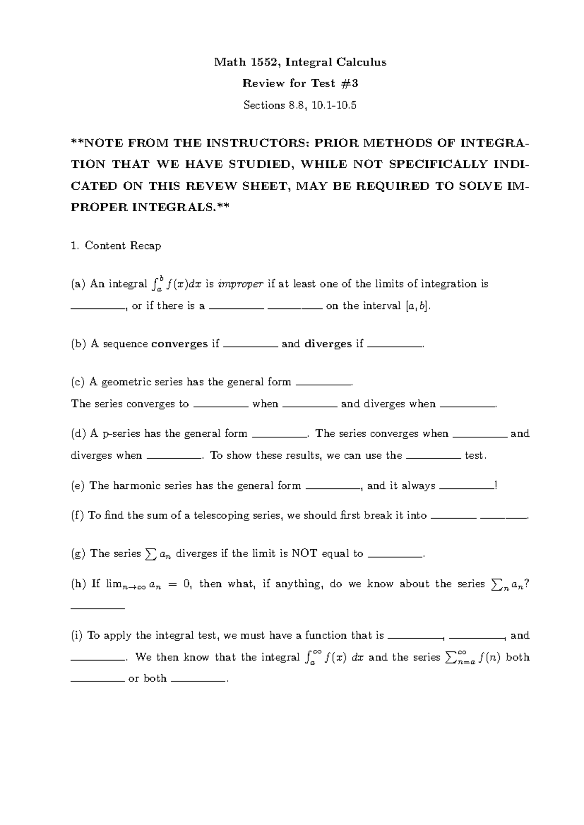 Exam 3 Spring 2024 Review Sheet - Math 1552, Integral Calculus Review ...