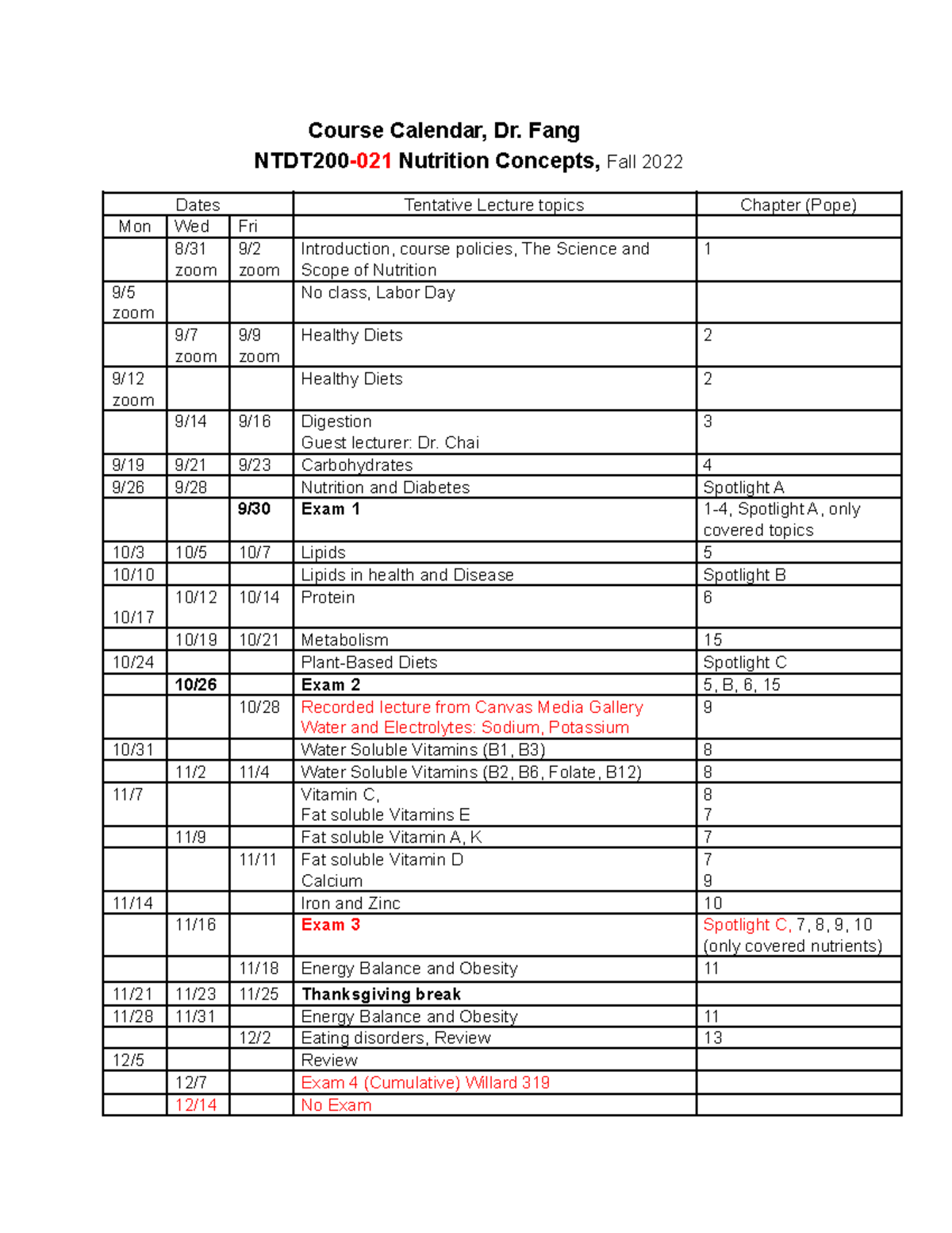 Nutrition syllabus - Course Calendar, Dr. Fang NTDT200-021 Nutrition ...