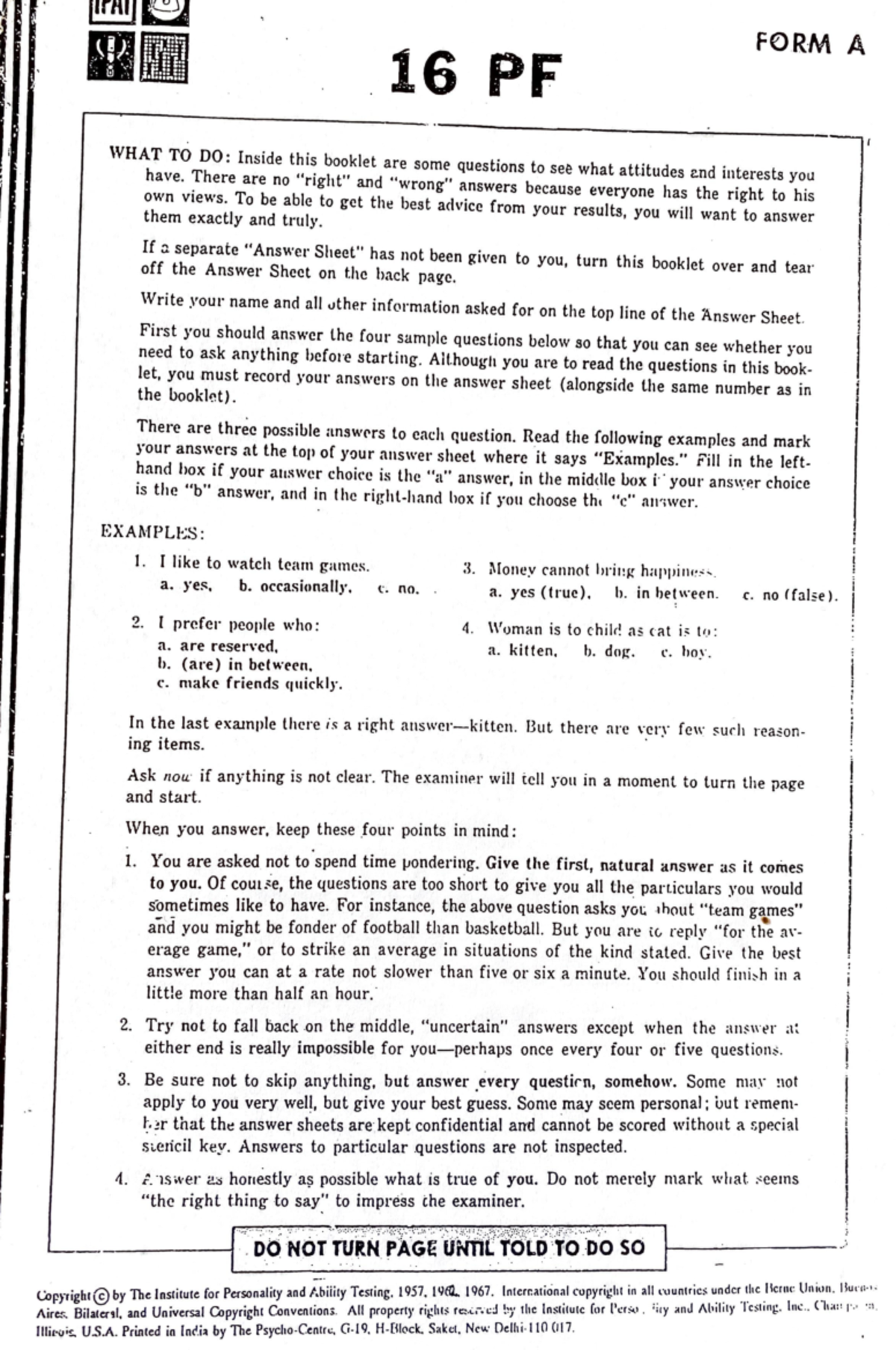 16PF - For IGNOU - J 16 PF FORM A WHAT TO DO: Inside this booklet are ...