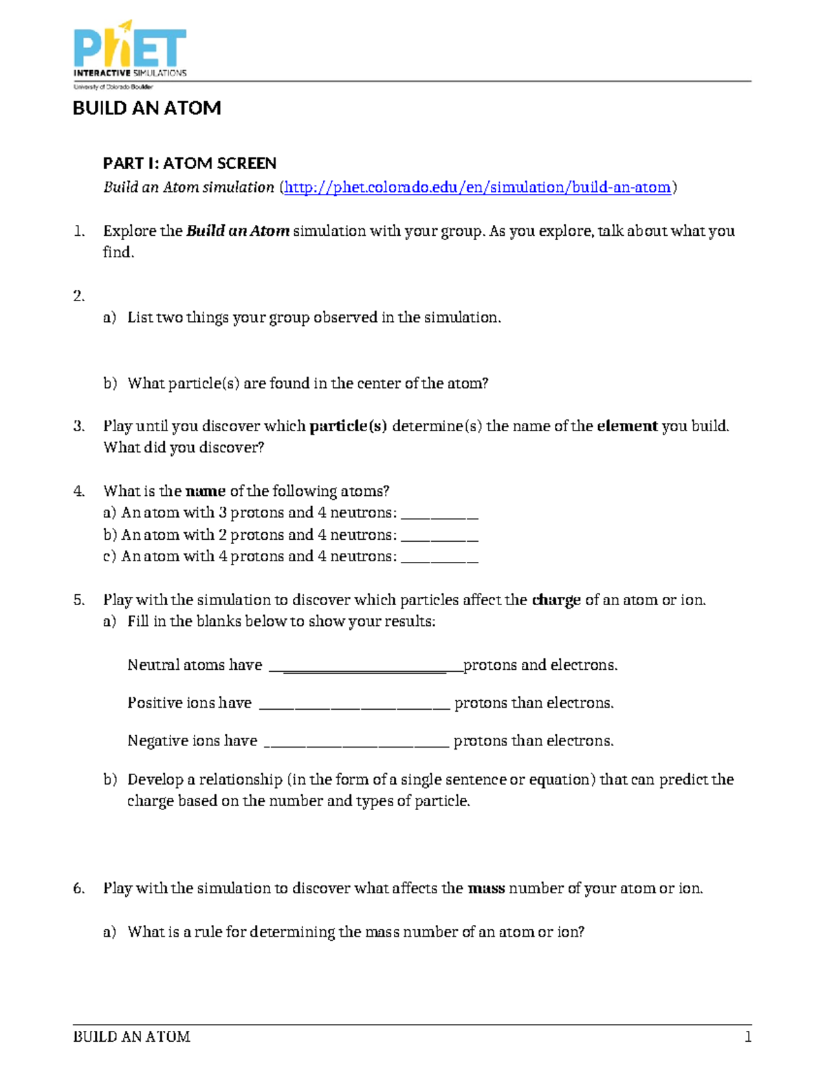 Build An Atom Guided Inquiry Student Handout - Tagged - BUILD AN ATOM ...