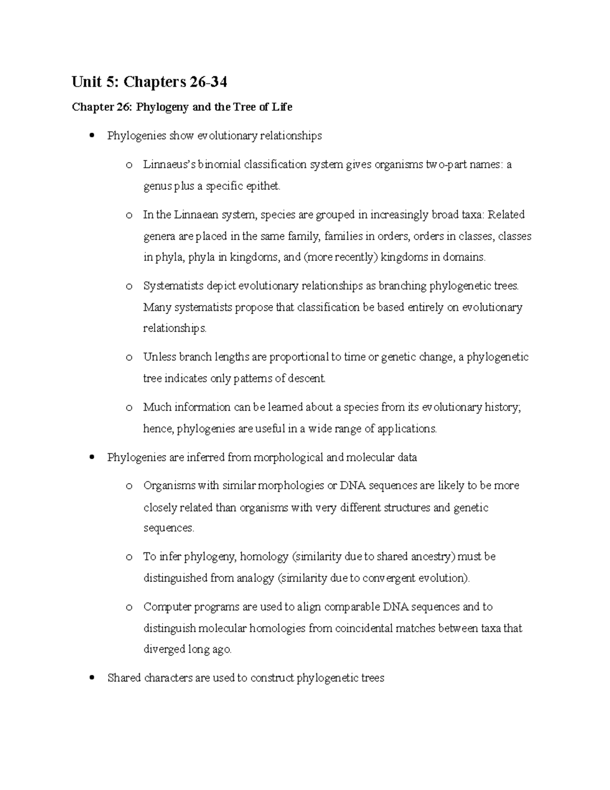Biology Unit 5 Notes - Unit 5: Chapters 26- Chapter 26: Phylogeny and ...