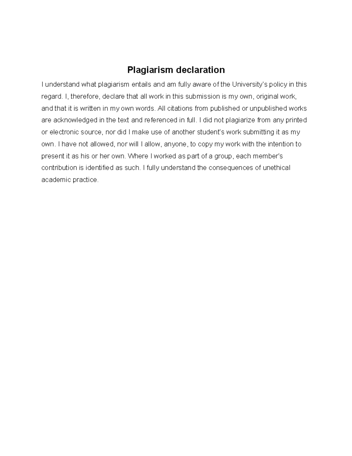 CHS210 Assignment 3 - Plagiarism declaration I understand what ...
