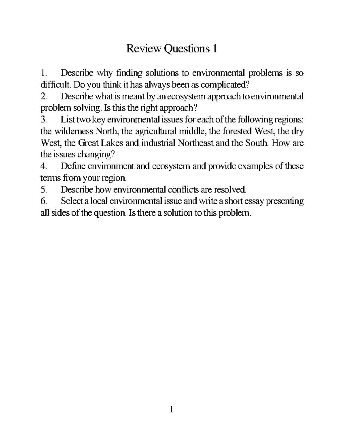 Environmental Science Review Question 1 - Review Questions 1 Describe ...
