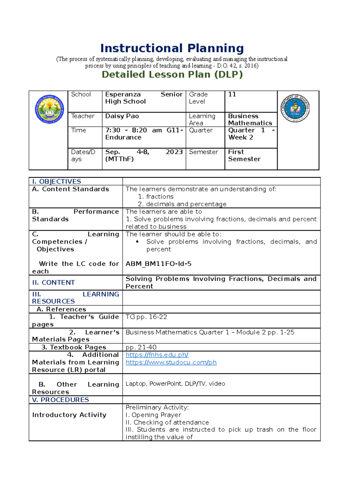 DLP-Bus Math Q1 W2 - DLP-Bus Math Q1 W1 - Detailed Lesson Plan- Business Math Quarter 1 Week 1 ...