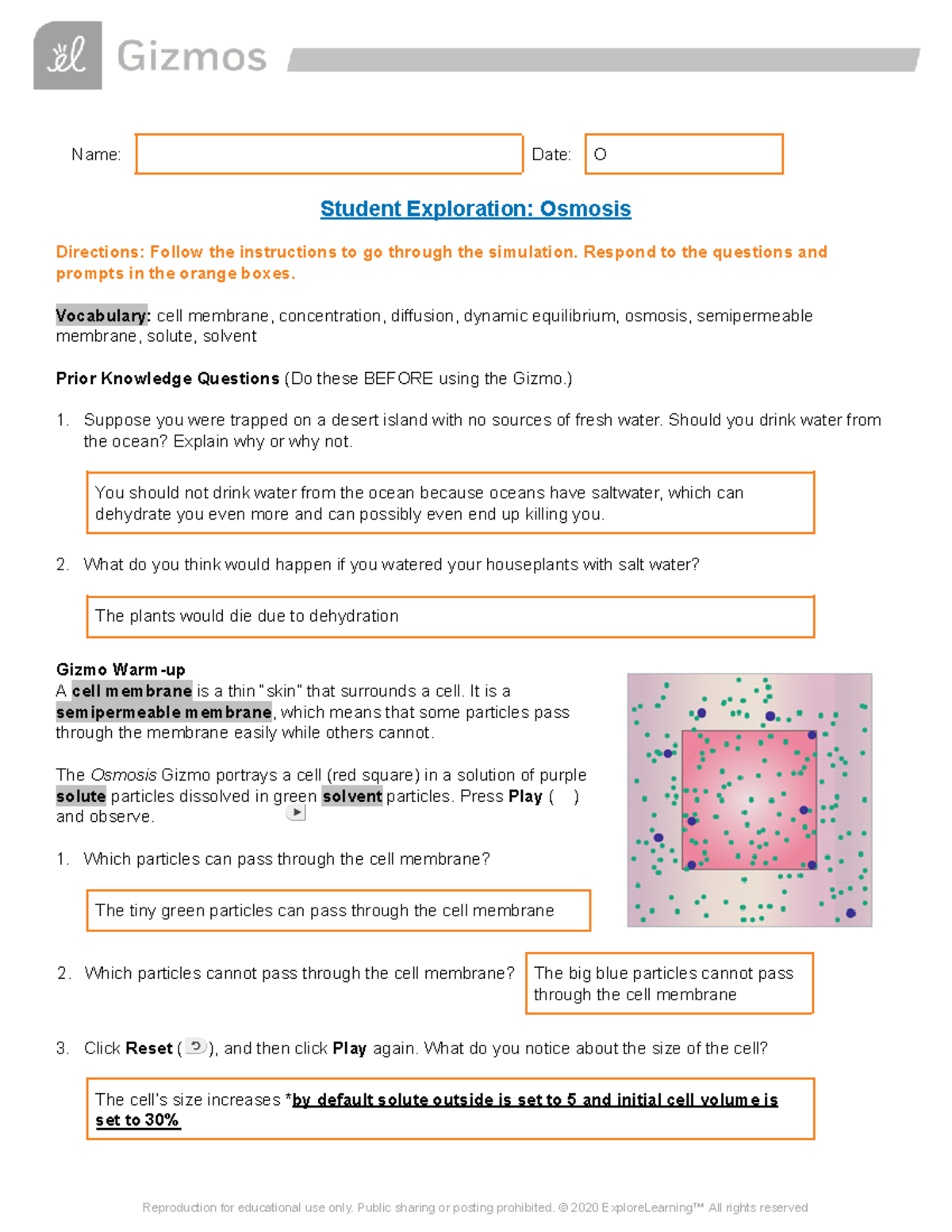 - Osmosis Gizmo - Name: Date: O Student Exploration: Osmosis Directions ...
