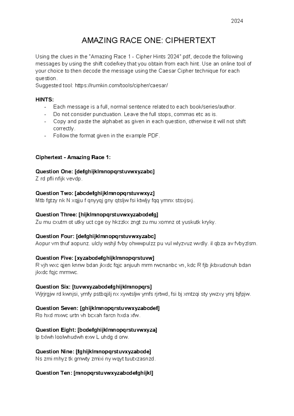 Amazing Race 1 - Ciphertext Questions 2024 - 2024 AMAZING RACE ONE ...