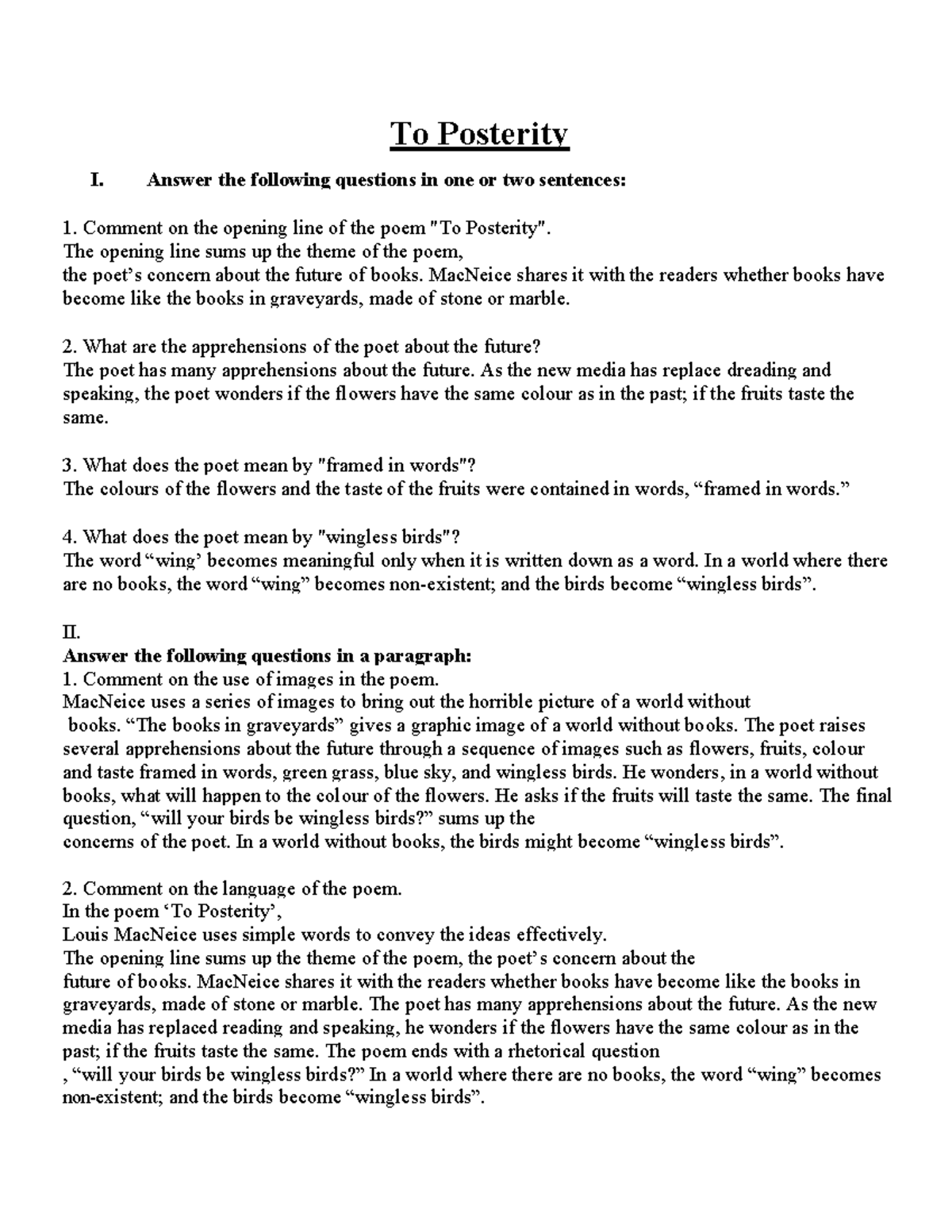 To Posterity - Answer the following questions in one or two sentences ...