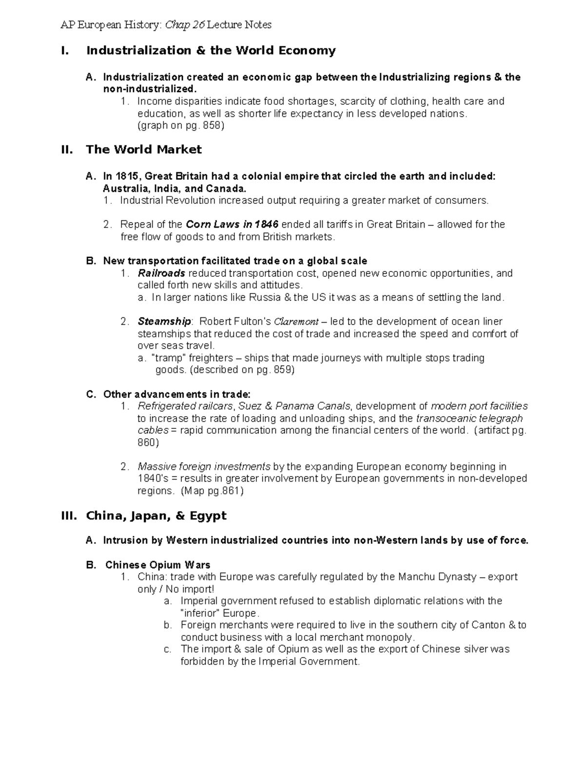 AP chap 26 lecture notes - I. Industrialization & the World Economy A ...