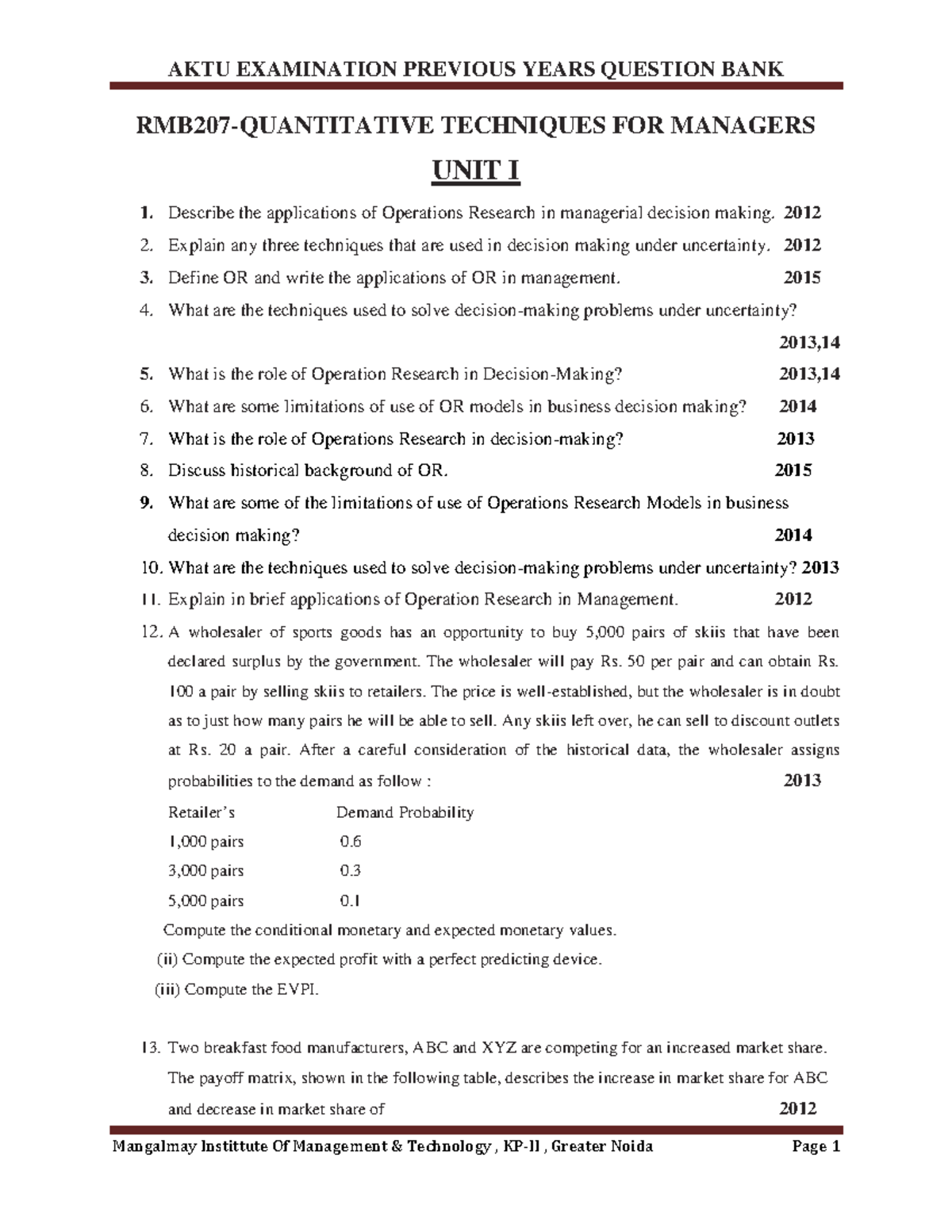 Oldpapers - RMB207-QUANTITATIVE TECHNIQUES FOR MANAGERS UNIT I 1 ...