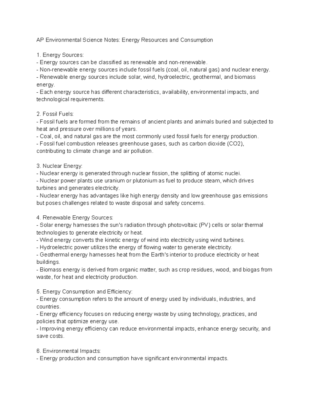 AP Environmental Science Notes Energy Resources and Consumption - Non ...