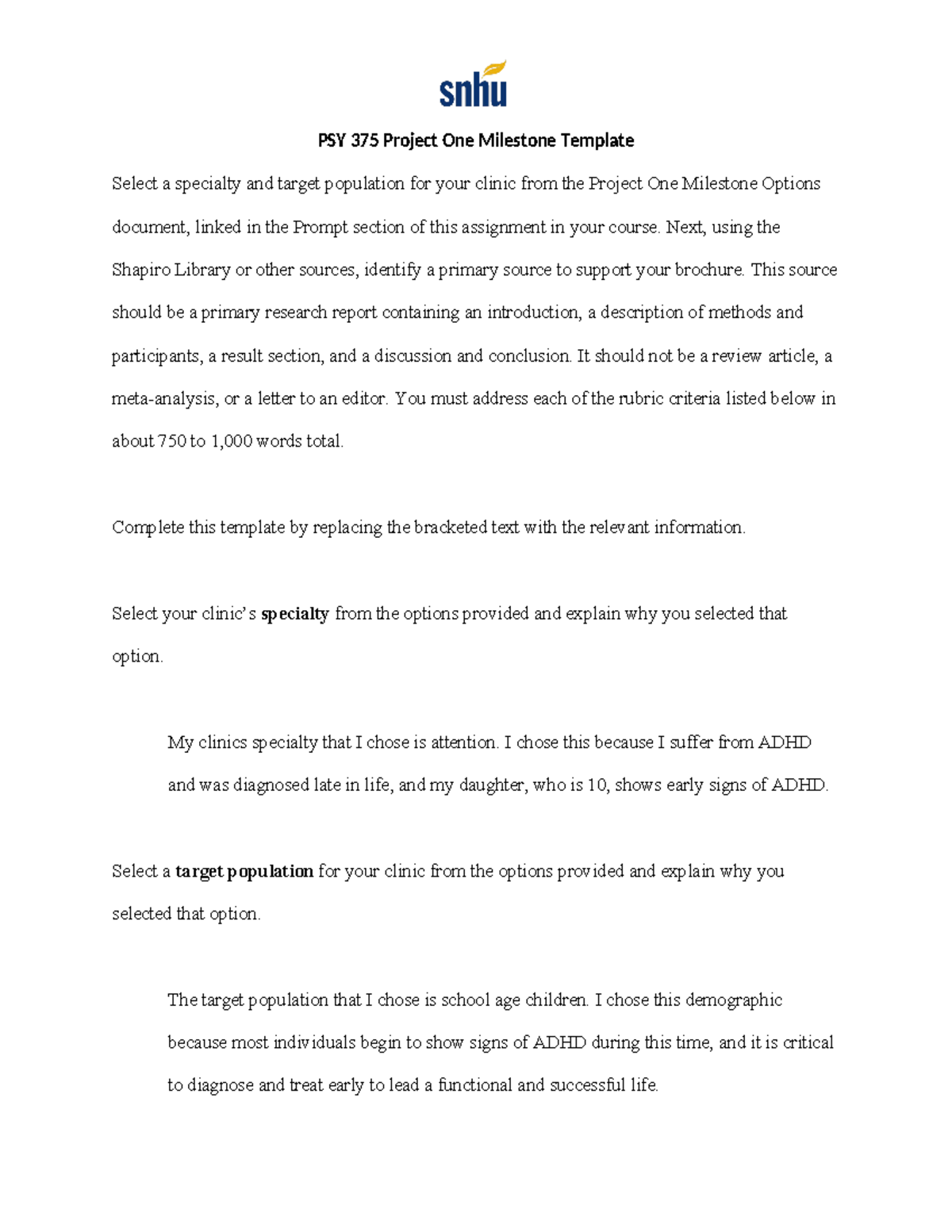 PSY 375 Project One Milestone Template - PSY 375 Project One Milestone ...