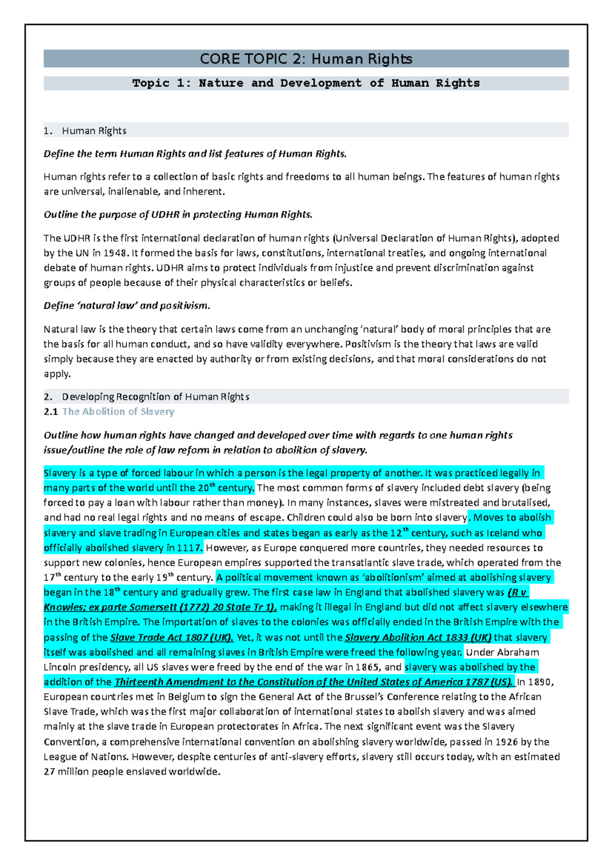 Human Rights Notes - CORE TOPIC 2: Human Rights Topic 1: Nature and ...