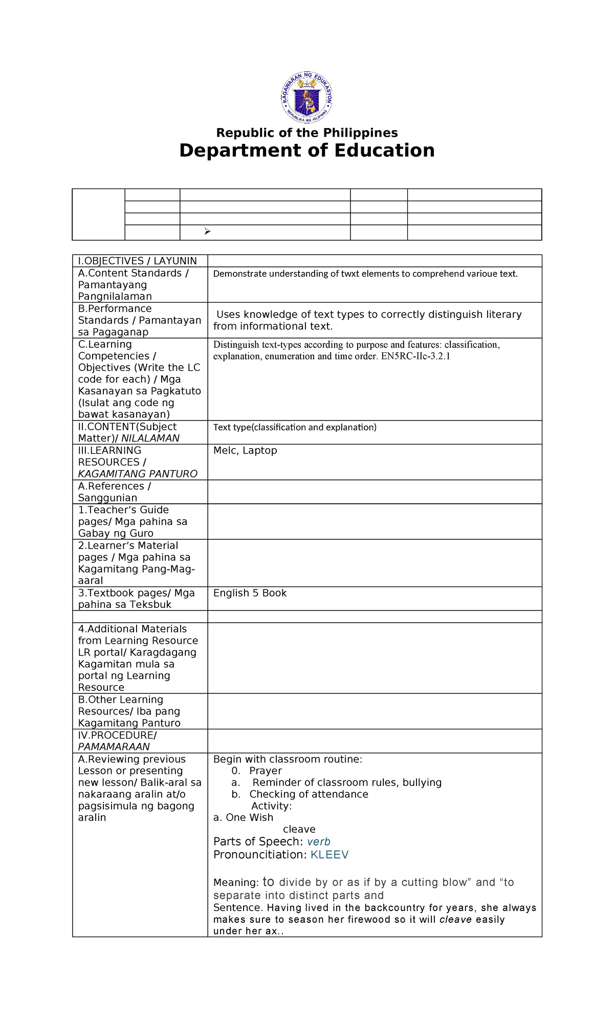 Daily lesson log - Republic of the Philippines Department of Education ...