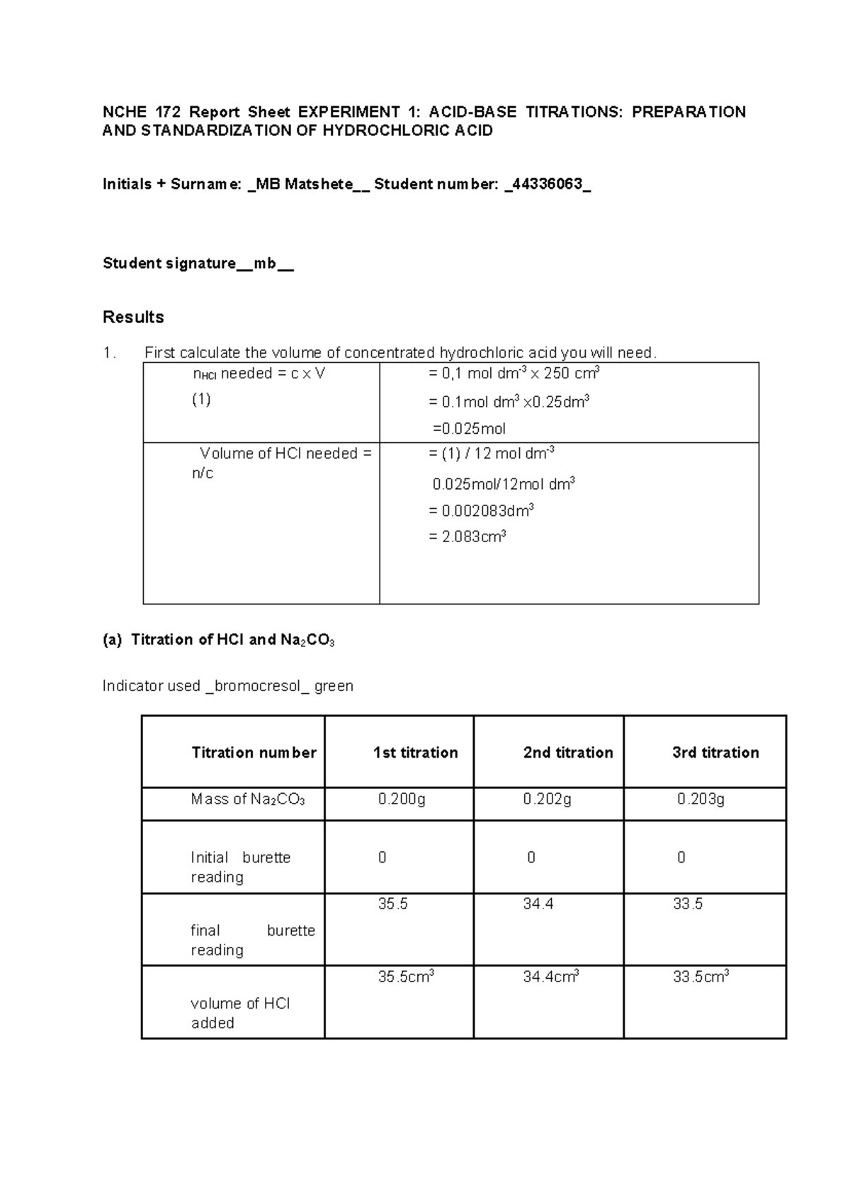 Experiment 1 - NCHE 172 Report Sheet EXPERIMENT 1: ACID-BASE TITRATIONS ...