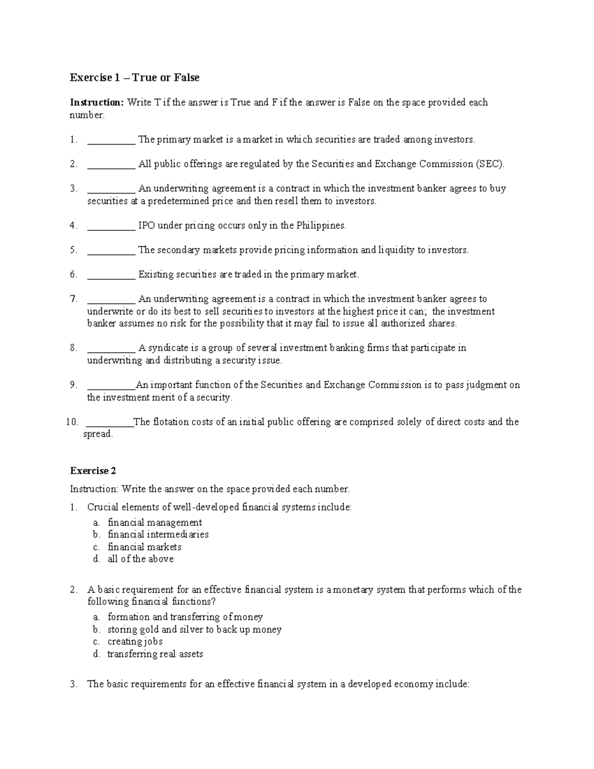 Financial Market - Questions - Exercise 1 – True or False Instruction ...