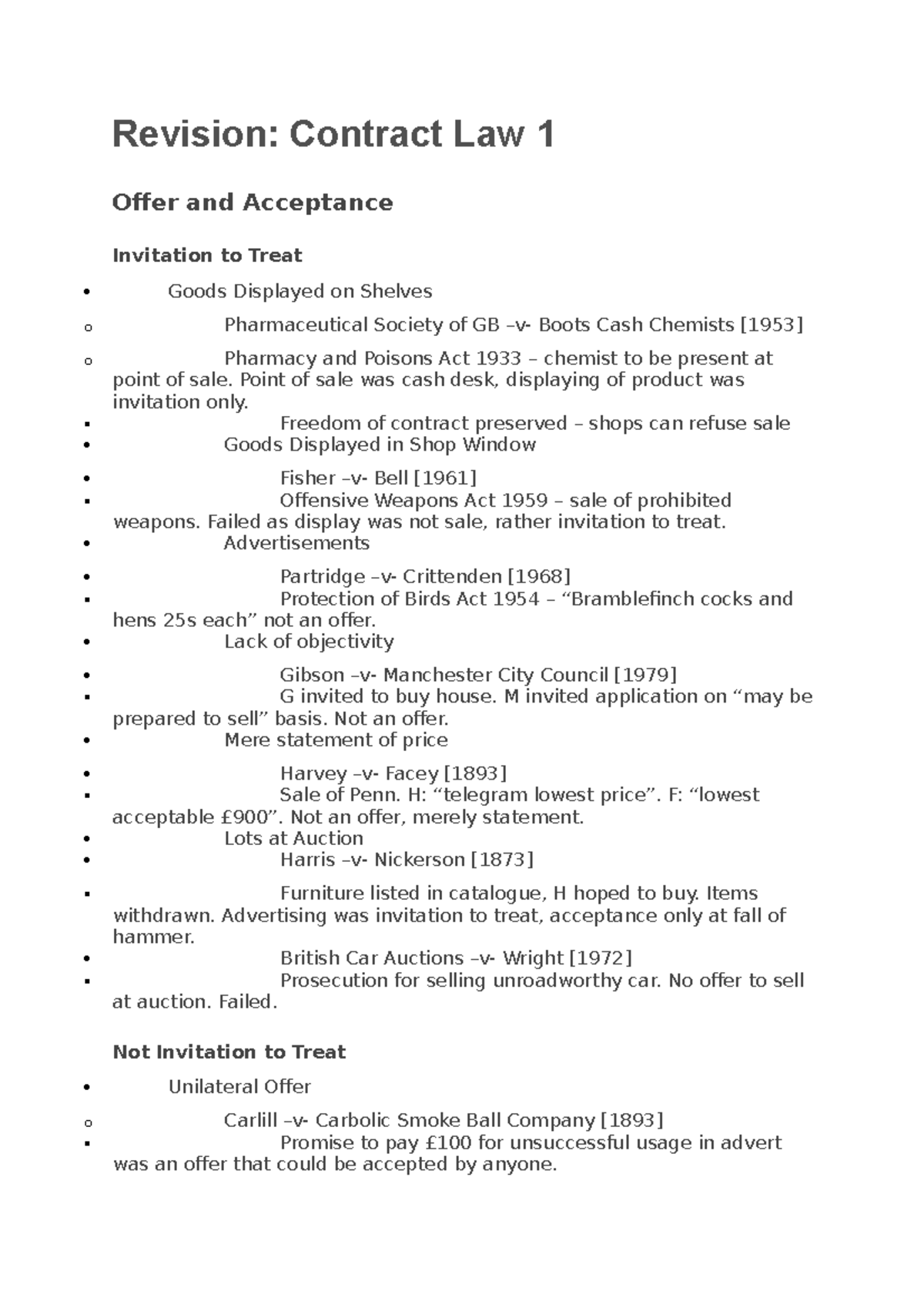 Revision Contract - Tutorial 1 - Revision: Contract Law 1 Offer and ...
