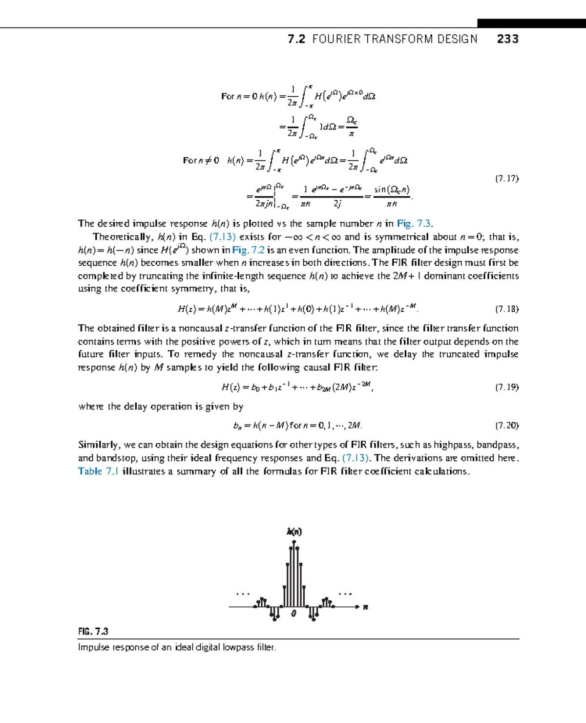 Finite Impulse Response For N ¼ 0 H Nð Þ ¼ 1 2 π Z π π H EjΩ EjΩ 0 DΩ ¼ 1 2 π Z Ωc Ωc 1 DΩ