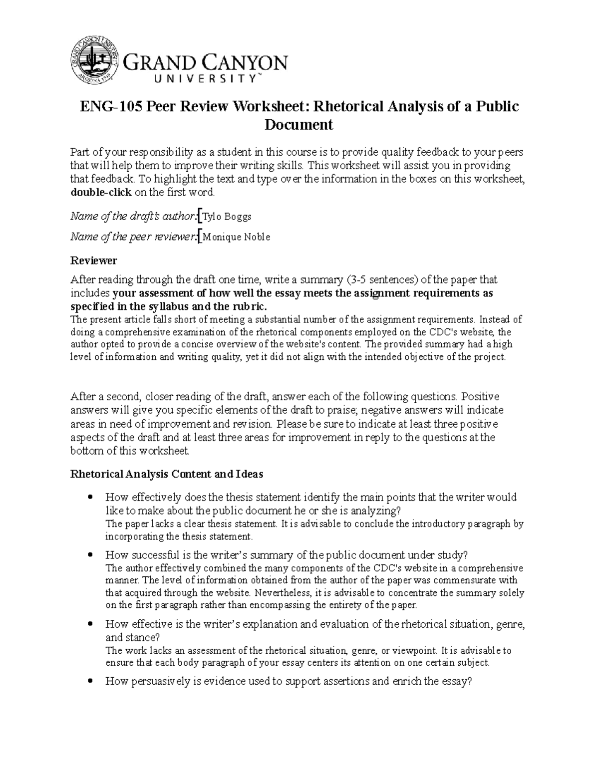 ENG-105-RS-Rhetorical Analysis Peer Review Worksheet Online - ENG-105 ...