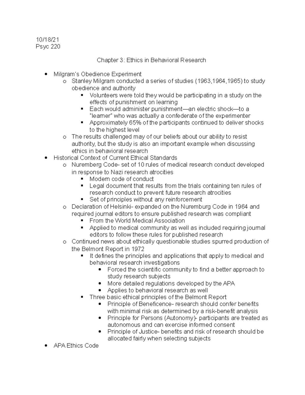 Ch 3 Ethics - Lecture notes 3 - 10/18/ Psyc 220 Chapter 3: Ethics in ...