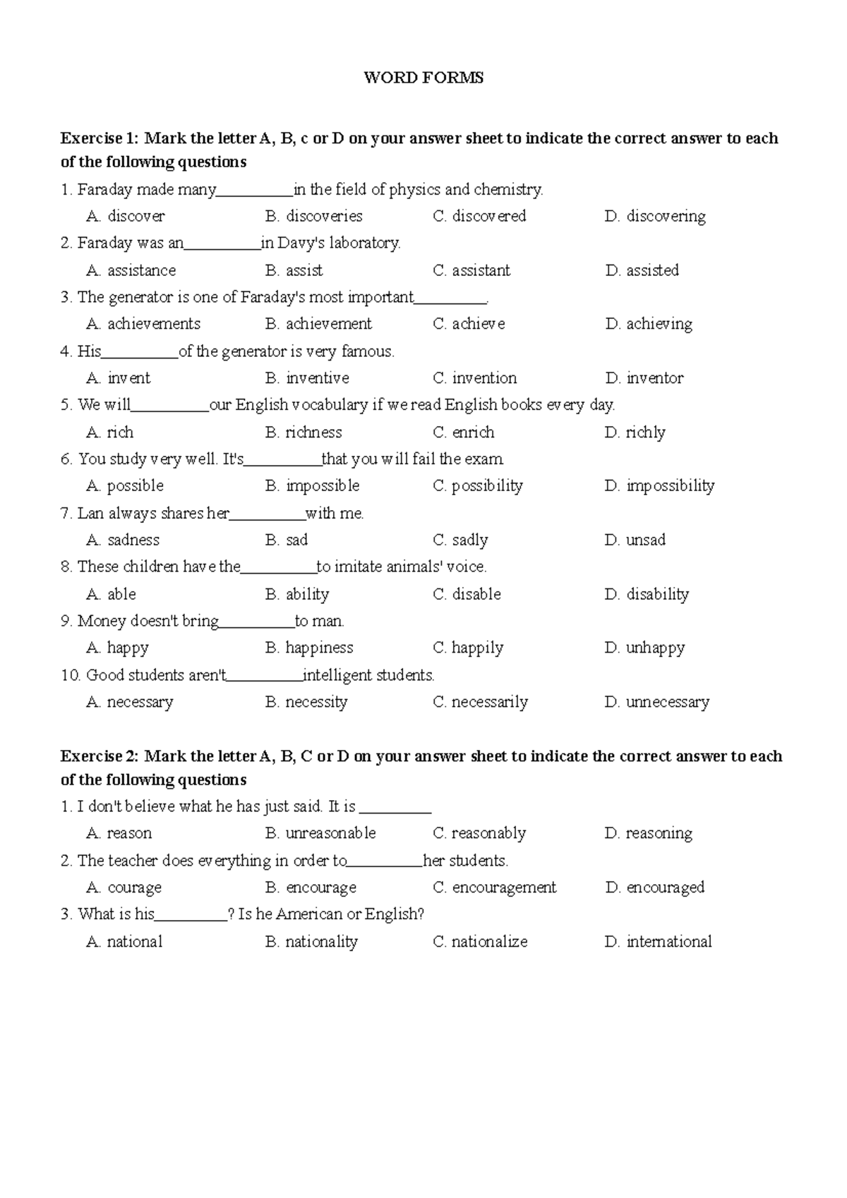 Chuy n 14 WORD Forms Copy WORD FORMS Exercise 1 Mark The Letter A