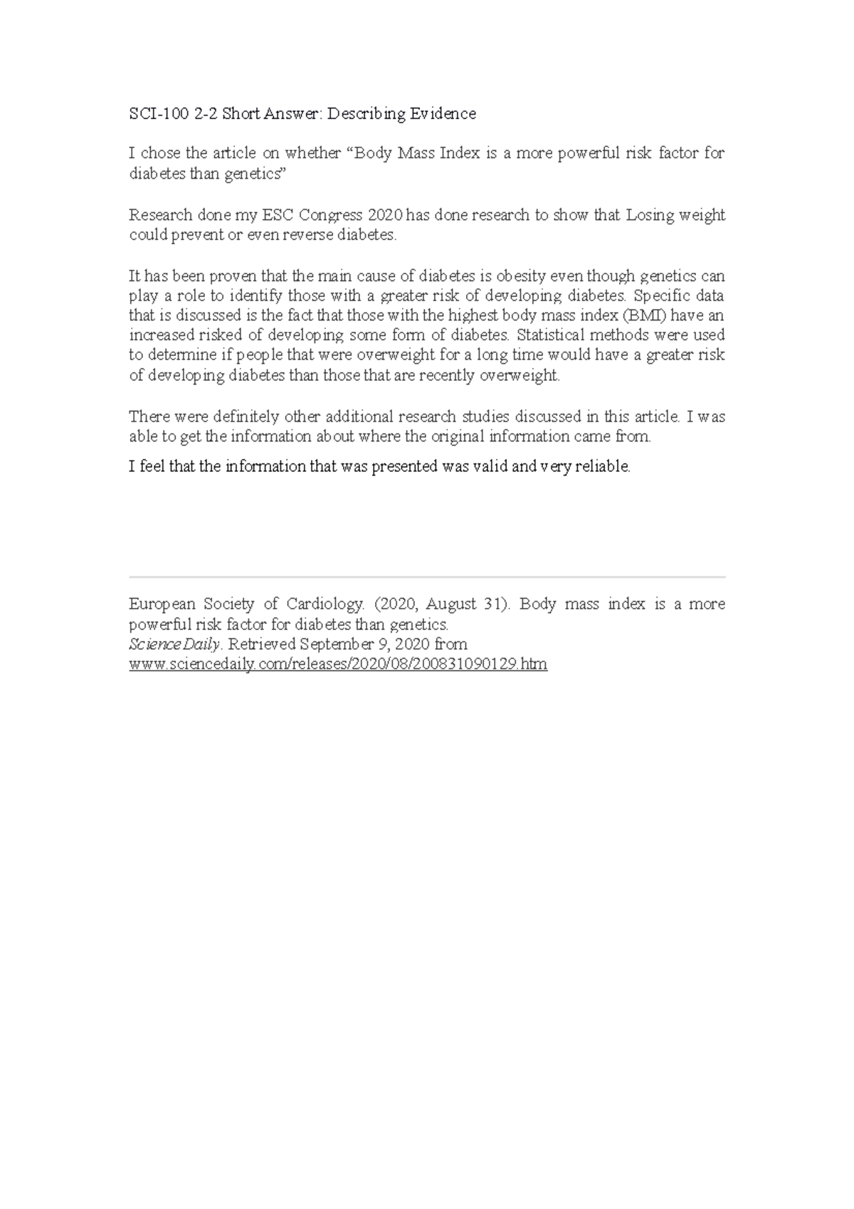 SCI 100 - Module Two - Describing Evidence - SCI-100 2-2 Short Answer ...