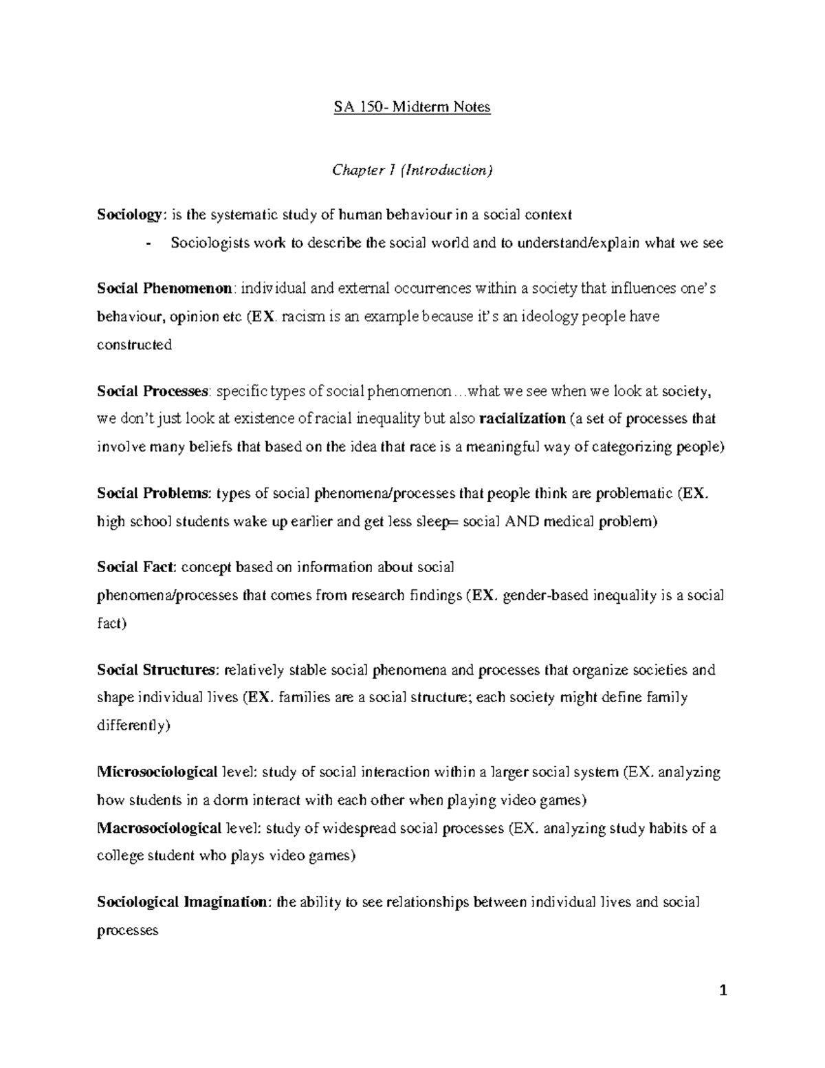 Introduction to Sociology - 1 SA 150- Midterm Notes Chapter 1 ...