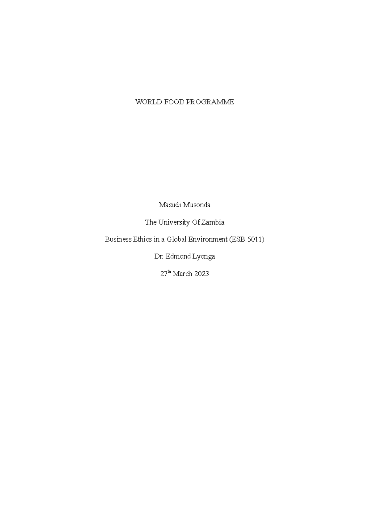Module 2 Assignment - WORLD FOOD PROGRAMME Masudi Musonda The ...