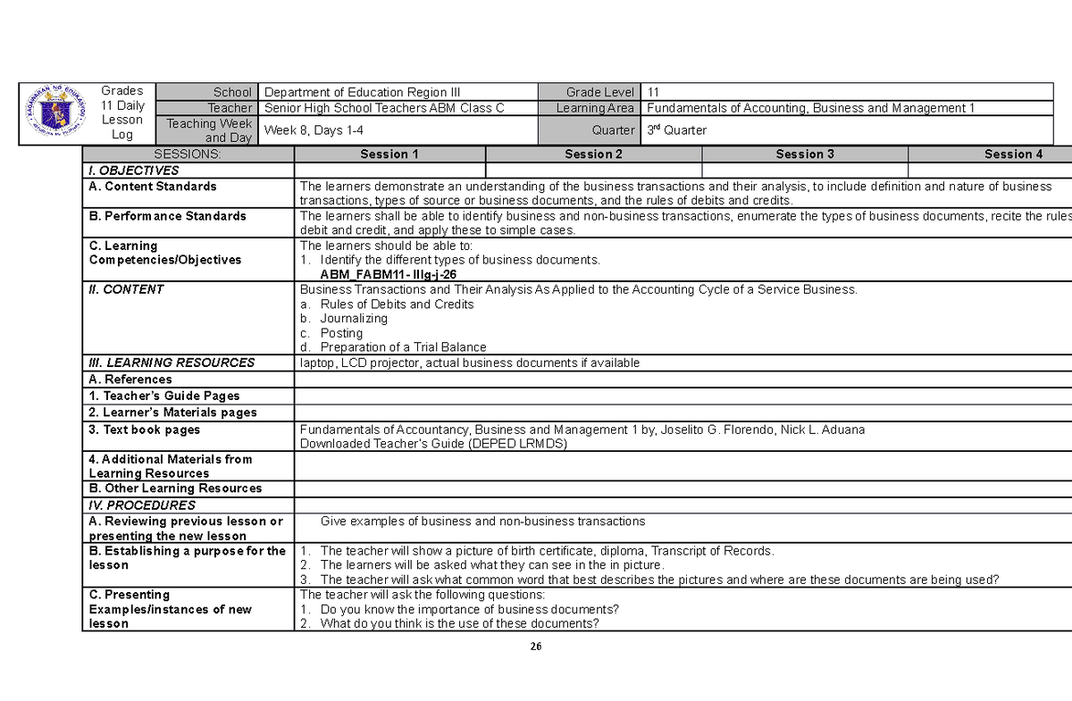 3rd Q-Week-8-ABM FABM11-IIIg-j-26 - Grades 11 Daily Lesson Log School ...