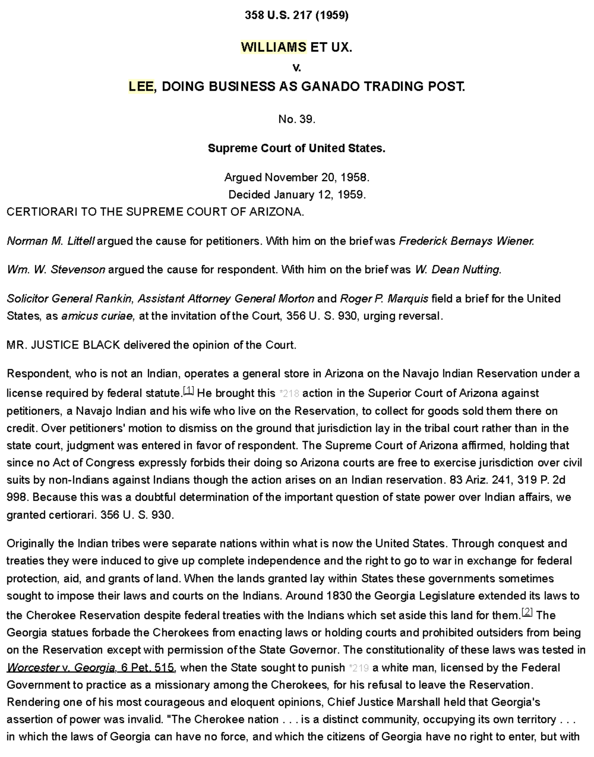 Williams v. Lee student - 358 U. 217 (1959) WILLIAMS ET UX. v. LEE ...