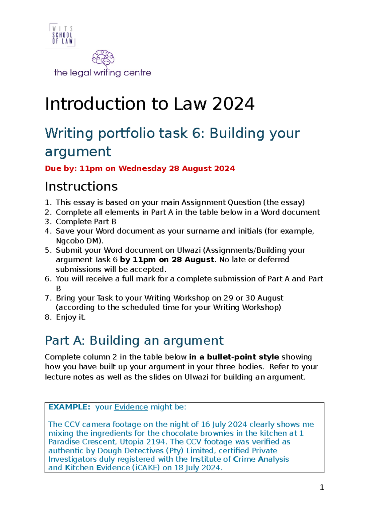 Writing Centre Portfolio Task 6 Building an argument - Introduction to Law 2024 Writing ...