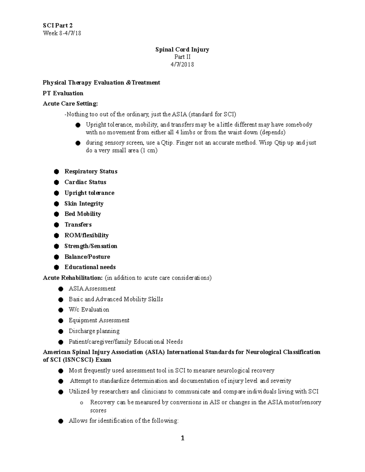 Spinal Cord Injury 2 - Lecture notes week 8 - Week 8-4/7/ Spinal Cord ...