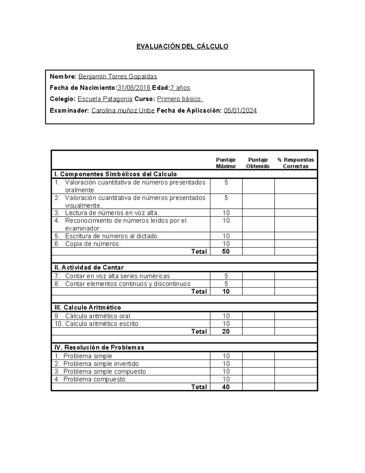 Evaluación del Calculo Protocolo Benton y Luria - EVALUACIÓN DEL ...