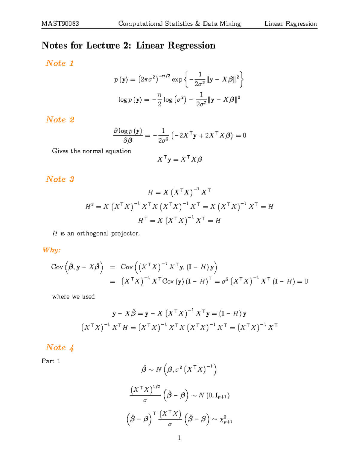 Regression Notes - Notes for Lecture 2: Linear Regression Note 1 p (y ...