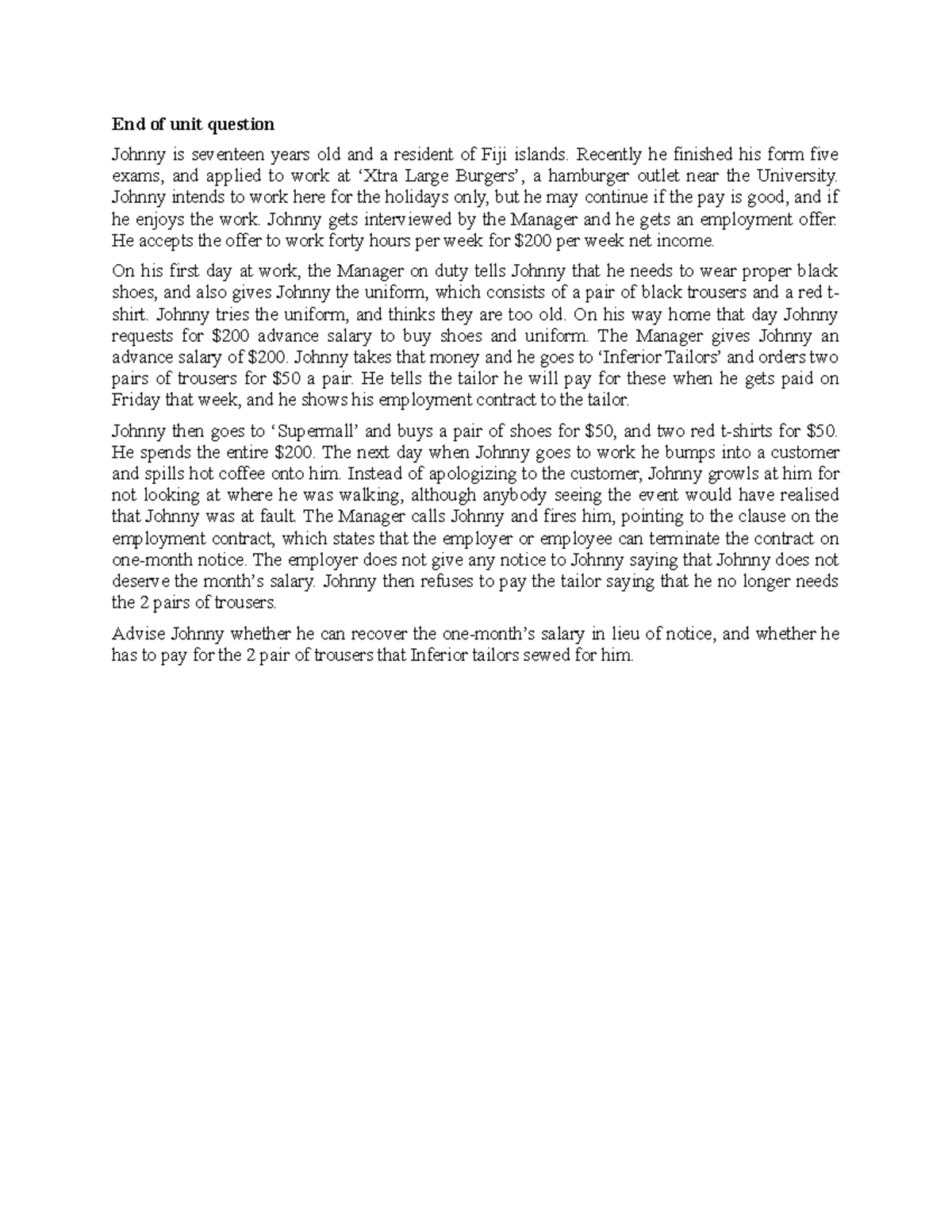 End of unit question - note - End of unit question Johnny is seventeen ...