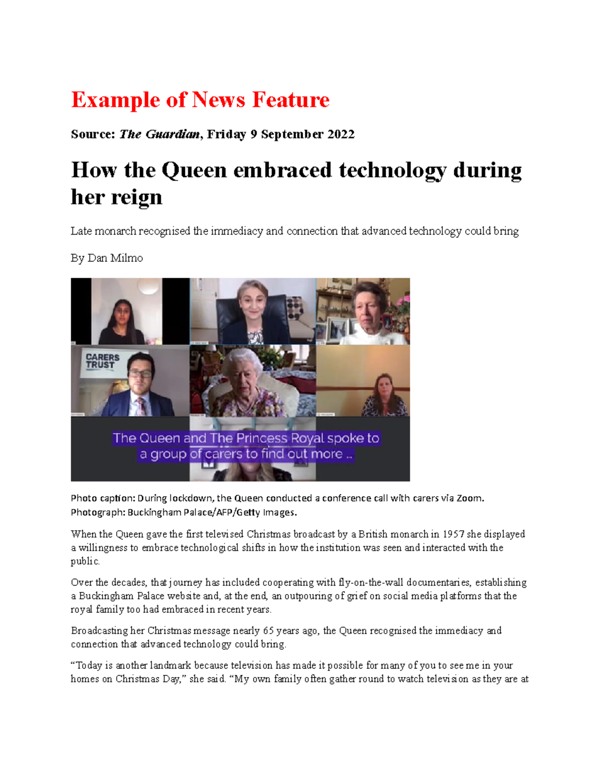 Example of News Feature - Example of News Feature Source: The Guardian ...