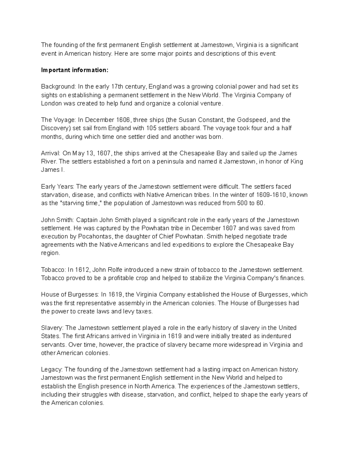 1607 - The founding of the first permanent English settlement at ...