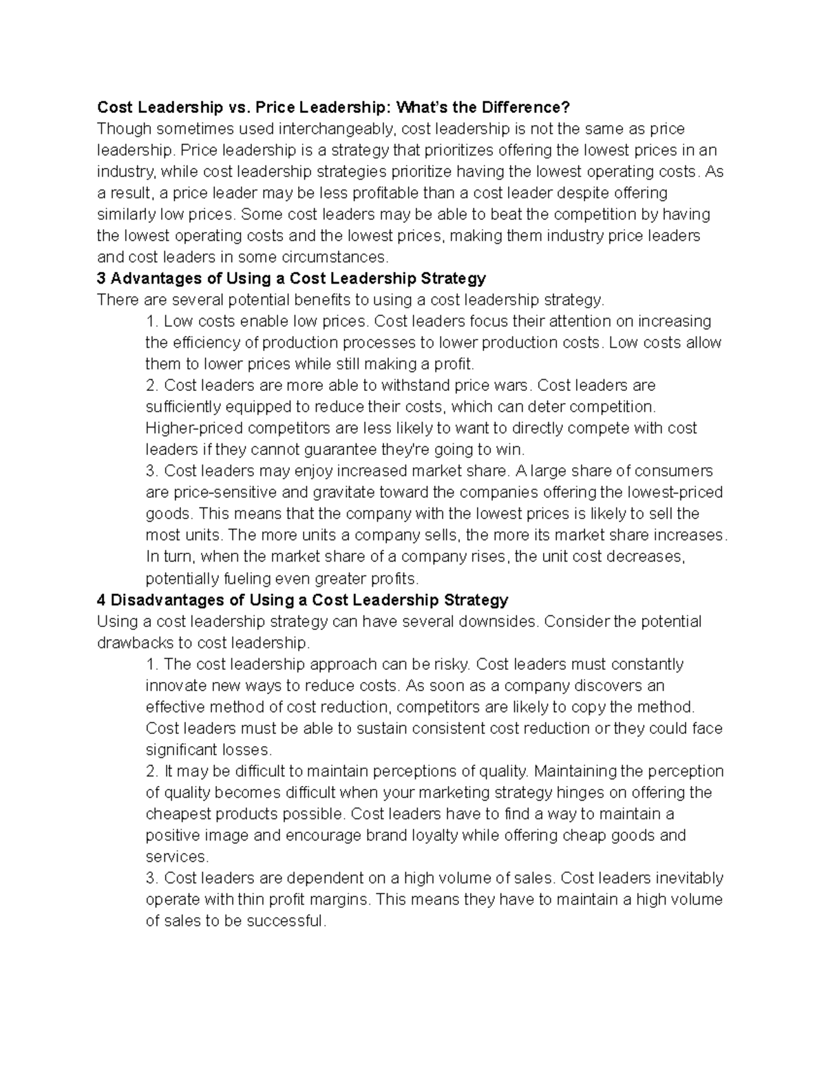 Cost leadership vs Price leadership - Cost Leadership vs. Price ...