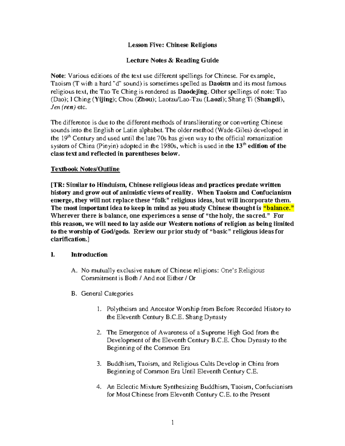 lesson 5 lecture notes - Lesson Five: Chinese Religions Lecture Notes ...