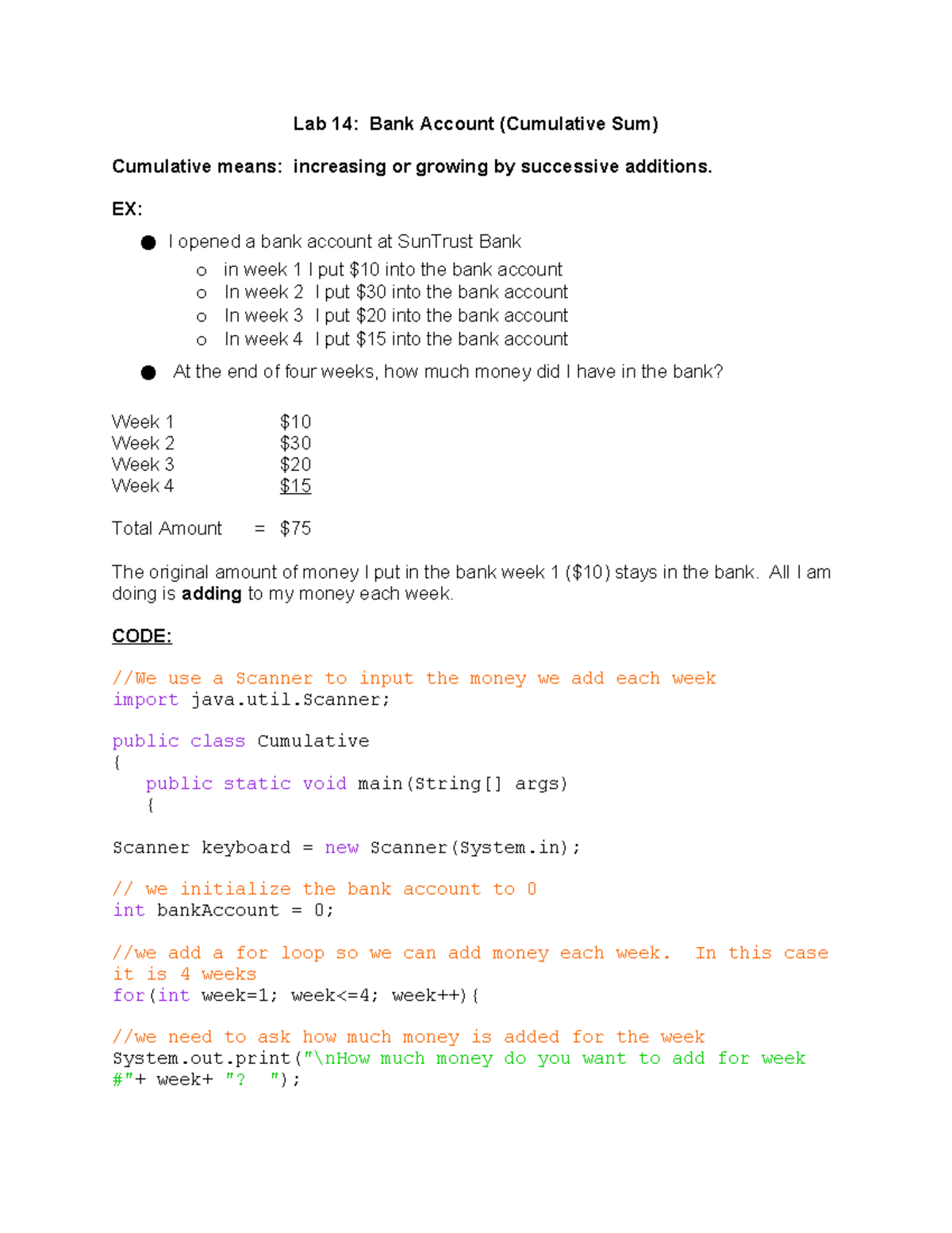 Lab 4 Bank Account - cumulative sum(2023) - Lab 14: Bank Account ...