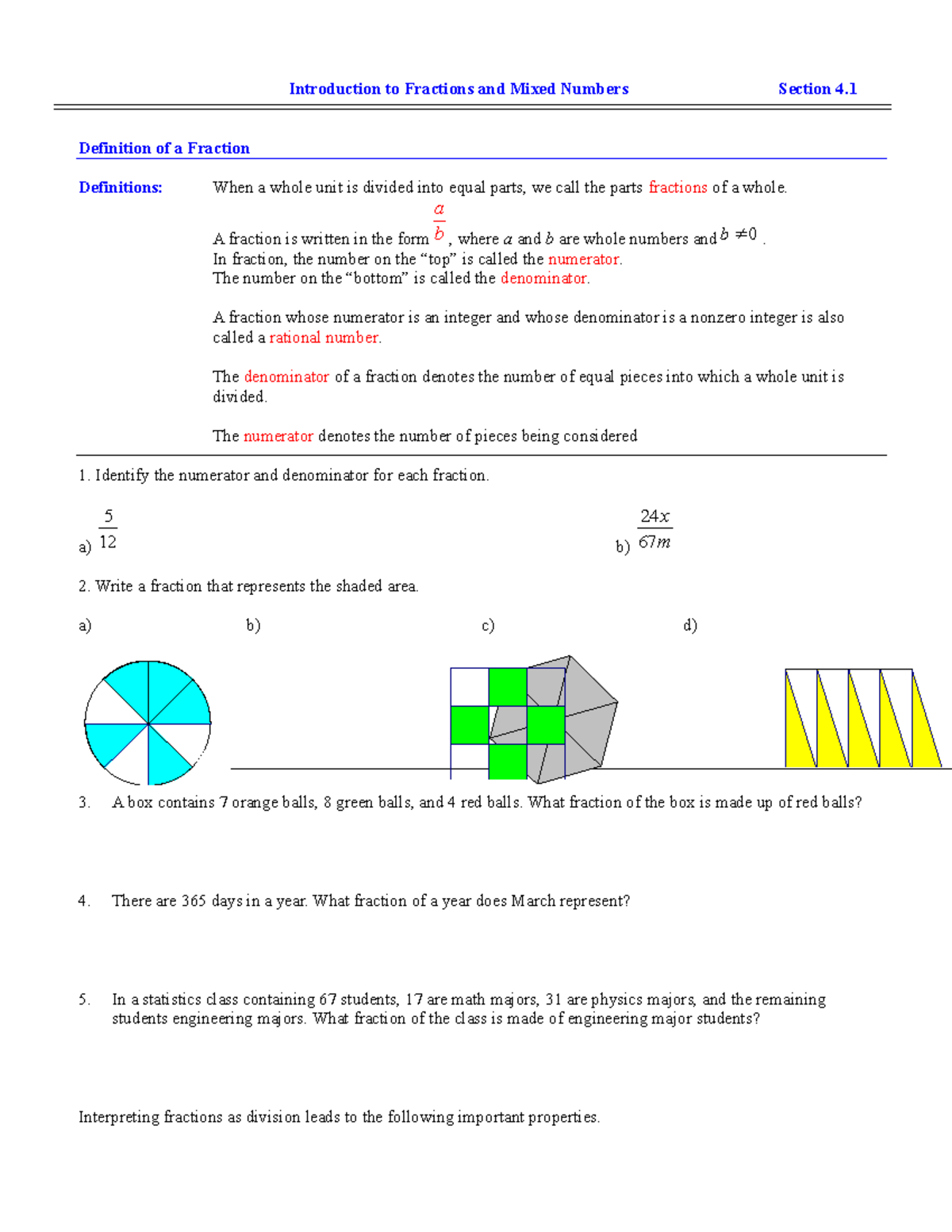 PIA Lecture Notes 4 - Introduction to Fractions and Mixed Numbers ...
