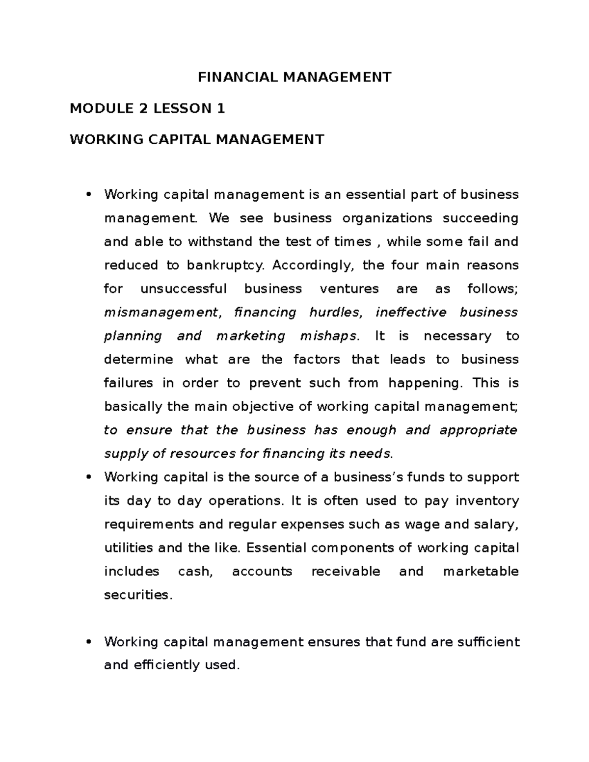 Financial Management M2 Lesson 1 TO 3 Summaries - FINANCIAL MANAGEMENT ...